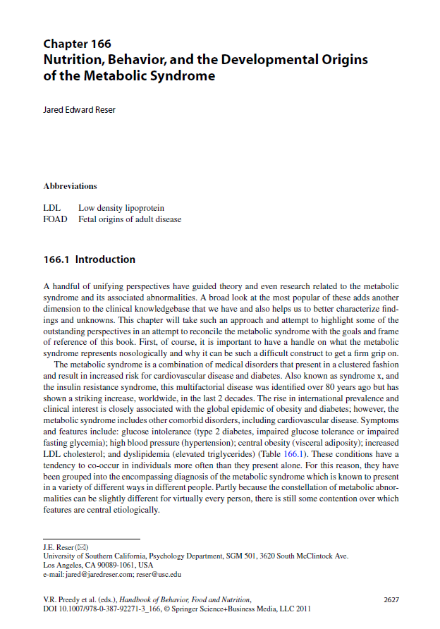 Nutrition, Behavior, and the Developmental Origins of the Metabolic ...